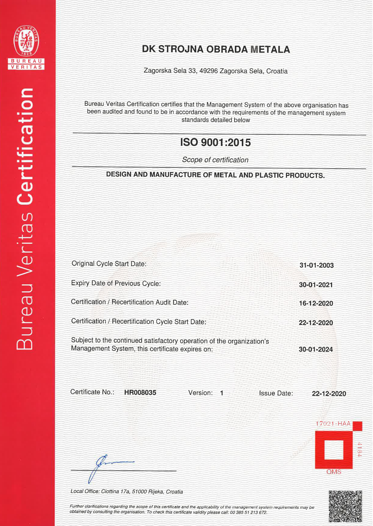 Certifikati – Strojna Obrada Metala Kodrnja